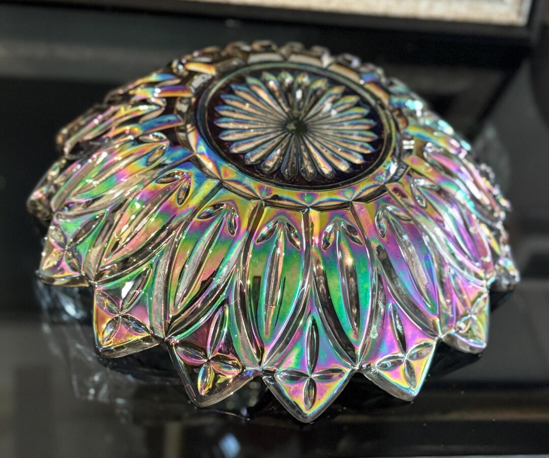 Federal Carnival Glass Bowl | 10" Oil Slick Iridescent Petal Sunburst ...