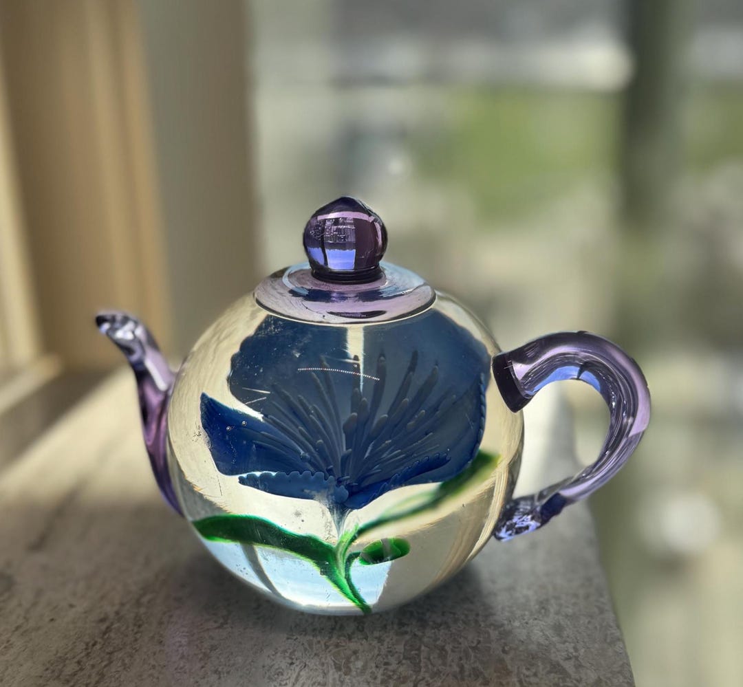 Glass Floral Teapot Paperweight | Clear Cased With Purple Handle and ...