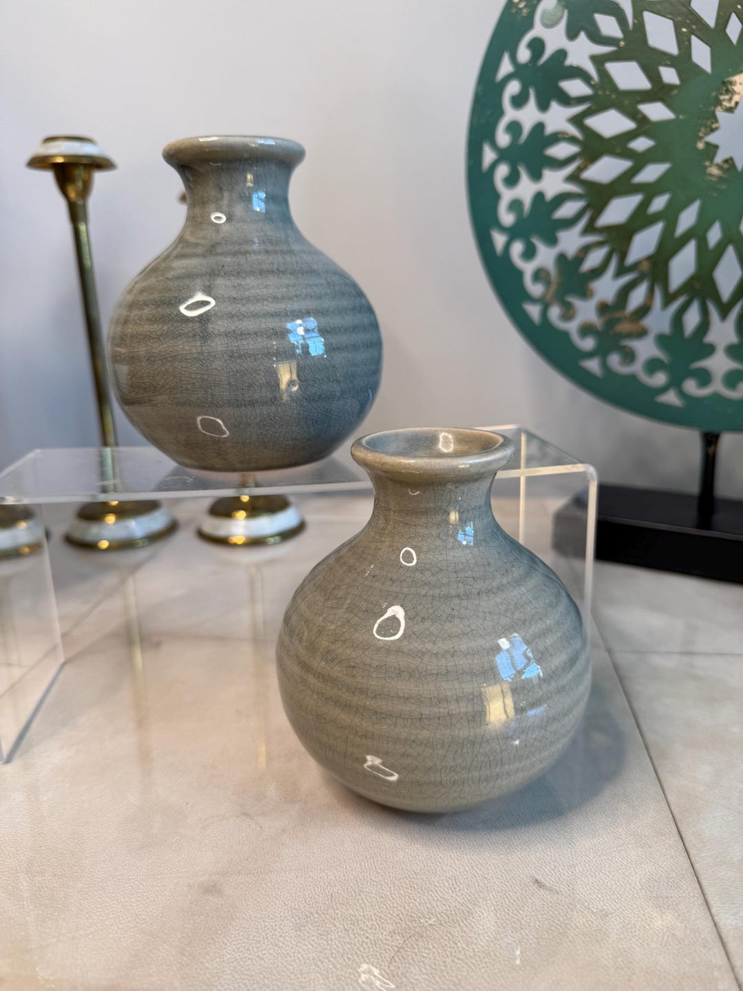Vintage Pair of Sage Soliflore Vases Bulbous Rim Glazed Pottery Twin ...