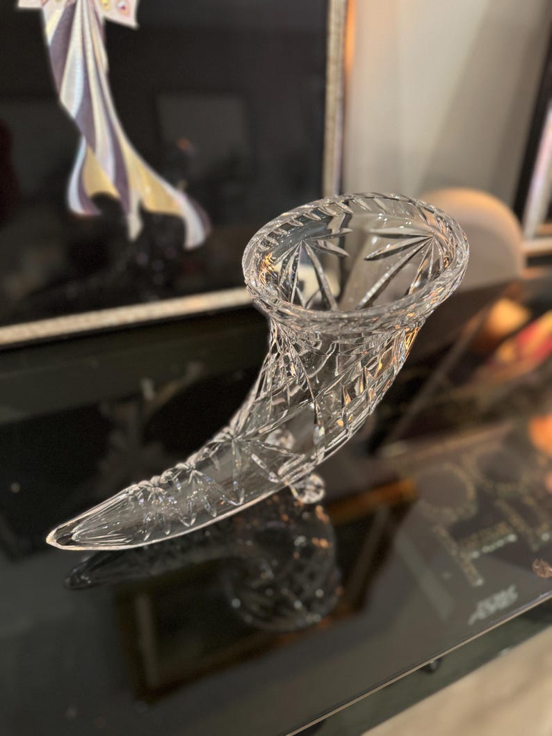 Large Cut Crystal Cornucopia Vase With Scroll Feet | Heavy Clear ...
