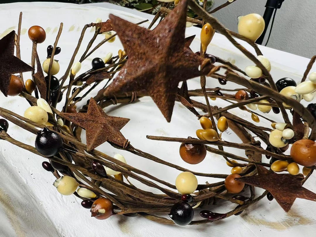 Primitive Pip Berry Wreath 4.5” Mustard Burgundy Cream Candle Ring With ...