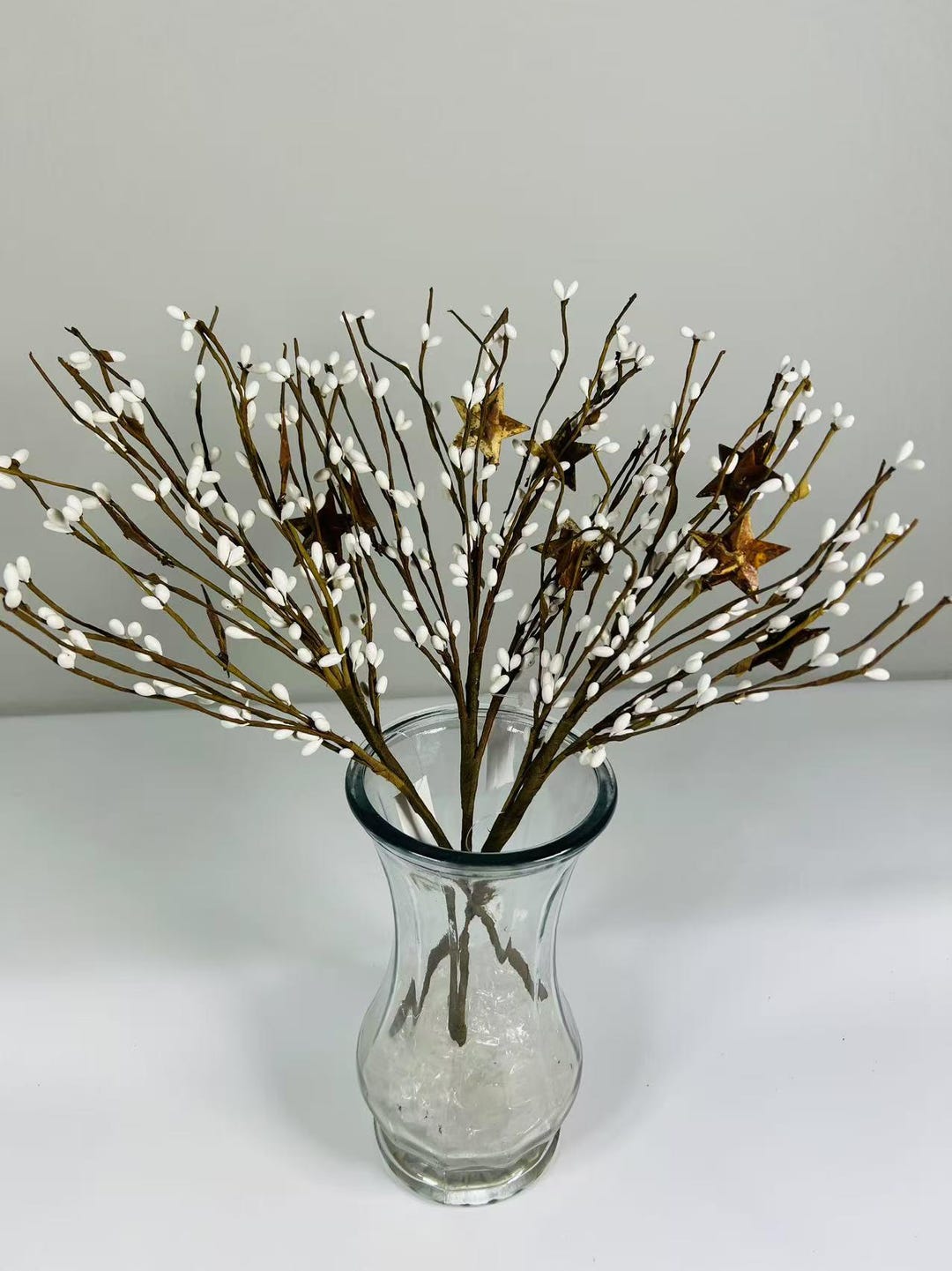 14” White Pip Berry Stem With Rusty Stars, Rustic Floral Pick ...
