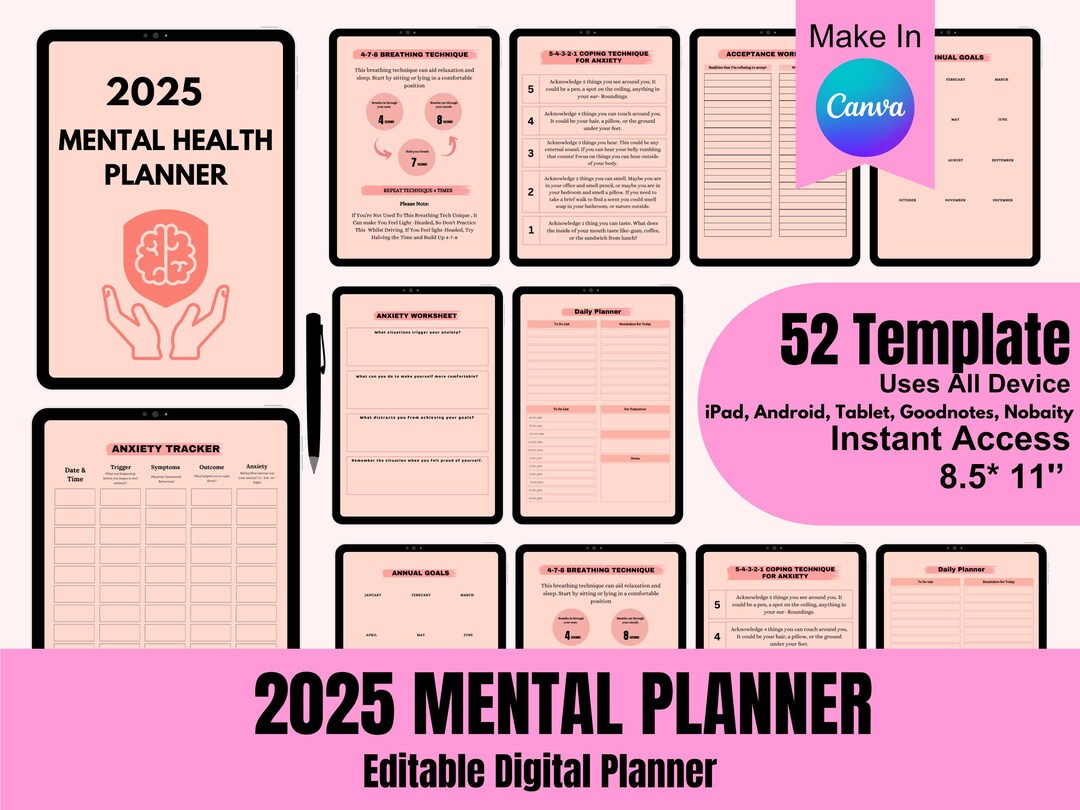 2025 Mental Health Planner Bundle, Self-care Digital Journal, Printable ...