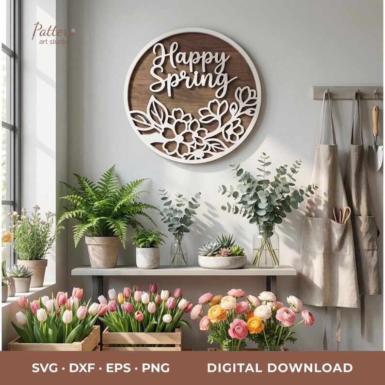 Happy Spring Laser Cut File Round Sign SVG | Layered Floral Door Hanger ...