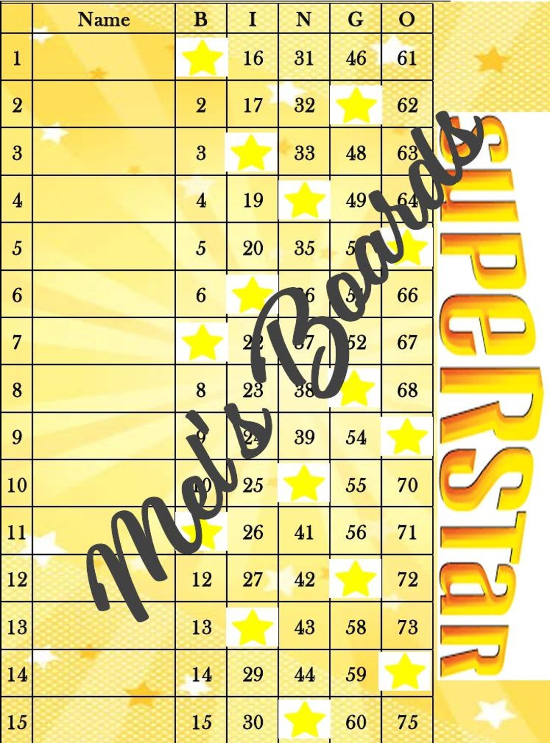Superstar Bingo Straight Board (PDF) - Etsy Canada
