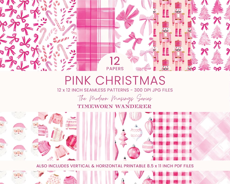 Pink Christmas Digital Paper Pack, Cute Coquette Seamless Patterns ...