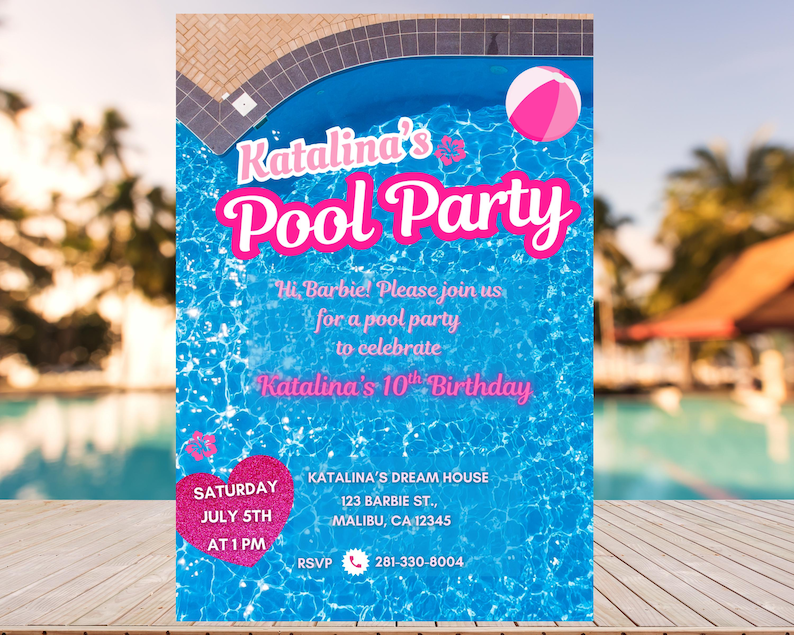 Pink Pool Party Invitation Template - Etsy