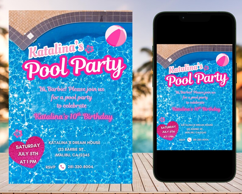 Pink Pool Party Invitation Template - Etsy