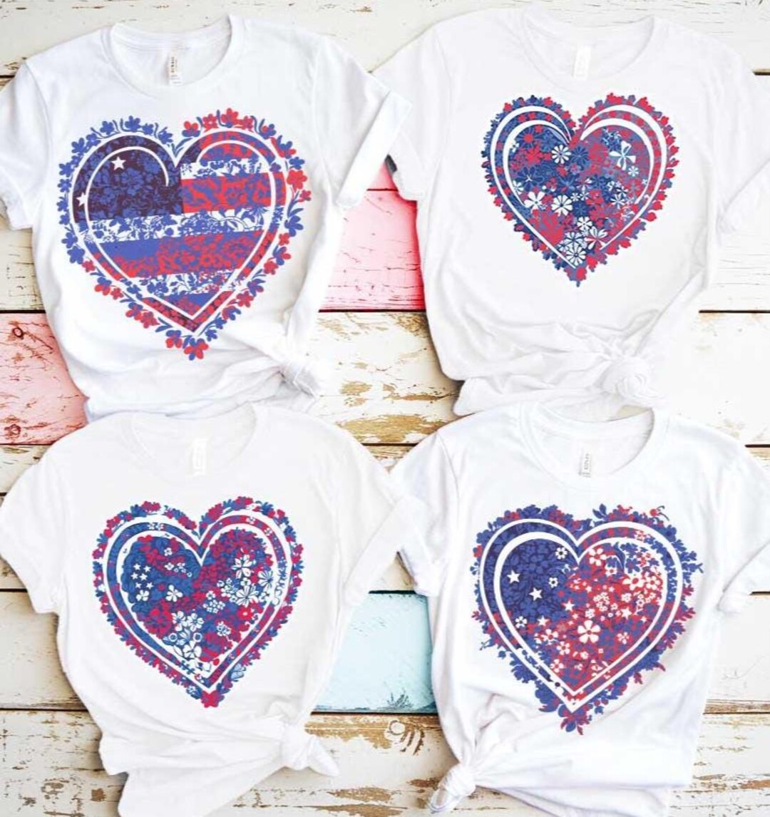 Patriotic Heart SVG PNG Bundle, Red White Blue Floral Hearts Clipart ...
