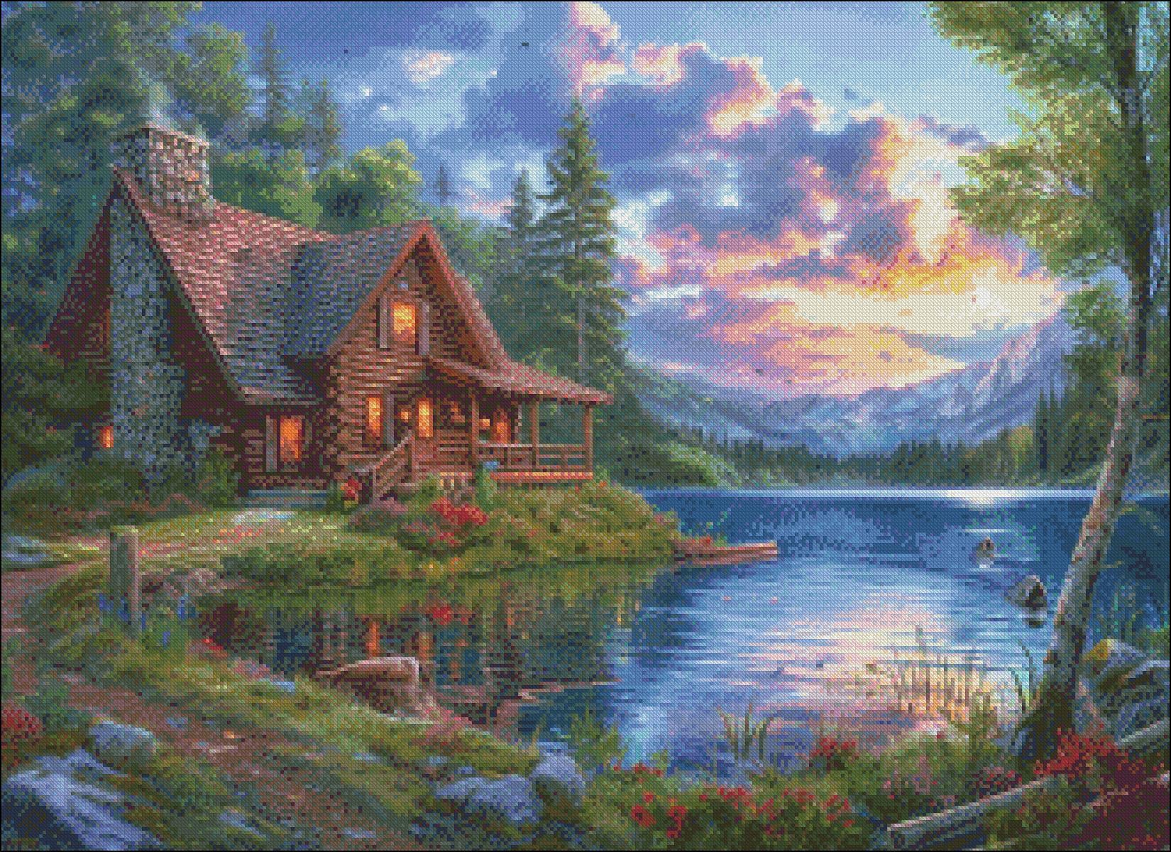 Cross Stitch Kit - Log Cabin Near Lake - Lake Cross Stitch Pattern ...