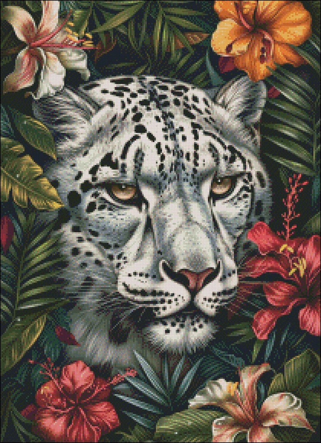 Cross Stitch Kit - Snow Leopards Face Flowers - Leopard Cross Stitch ...