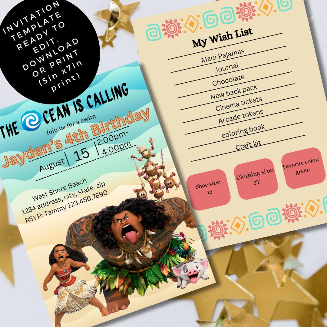 Moana and Maui Invitation Template and Wish List (edit, Download, Print ...