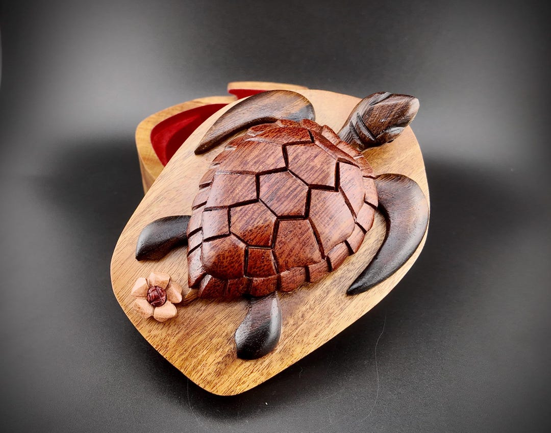 Handmade Teak Sea Turtle Puzzle Box: Montessori Toy With Hidden ...