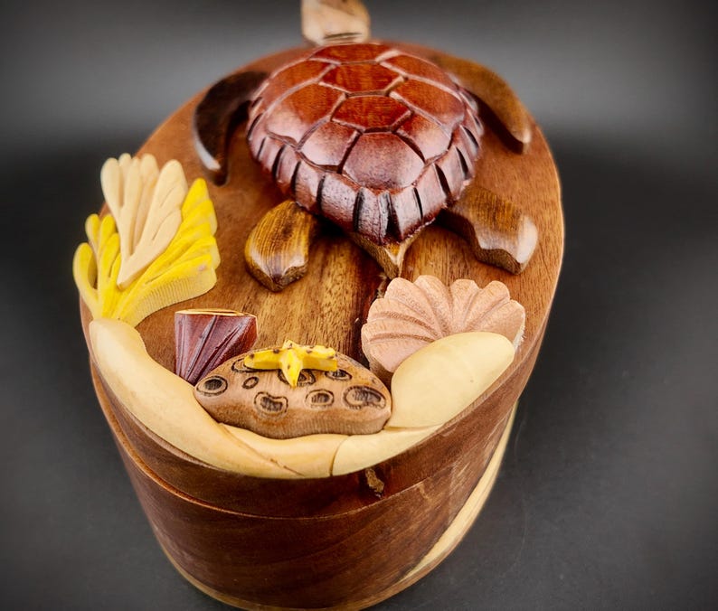 Handmade Wooden Sea Turtle Puzzle Box: Oak & Walnut Hidden Compartment ...