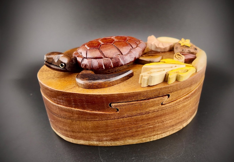 Handmade Wooden Sea Turtle Puzzle Box: Oak & Walnut Hidden Compartment ...