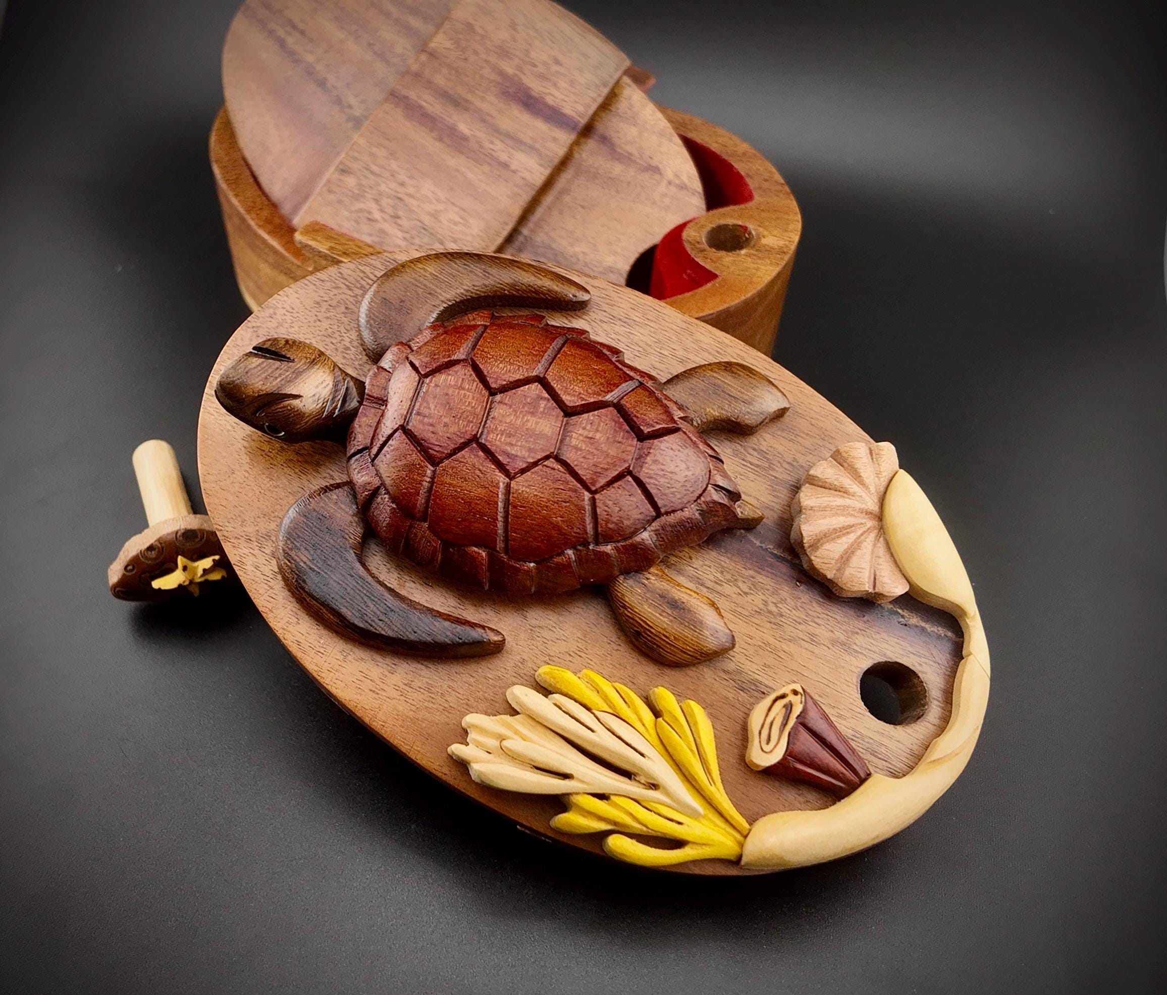 Handmade Wooden Sea Turtle Puzzle Box: Oak & Walnut Hidden Compartment ...