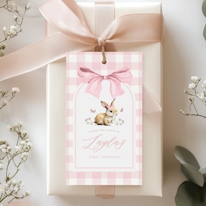 Some Bunny is One Favor Tag Digital | Plaid Pink Bunny 1st Birthday ...
