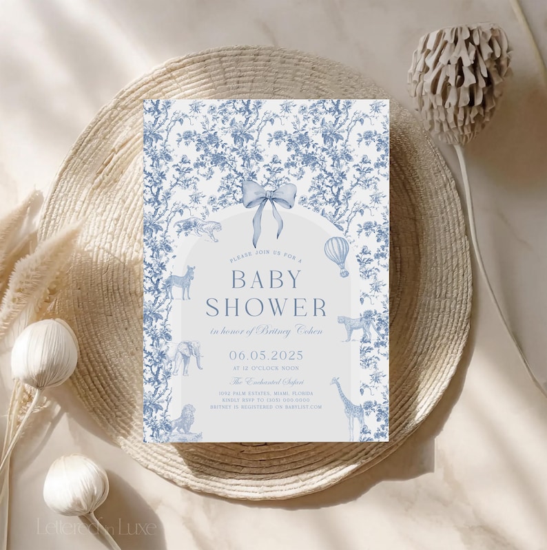 Safari Toile Baby Shower Invitation Digital | Blue Toile De Jouy ...