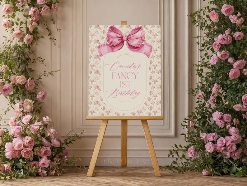 Fancy One Birthday Welcome Sign Digital | Floral Pink Bow Birthday ...
