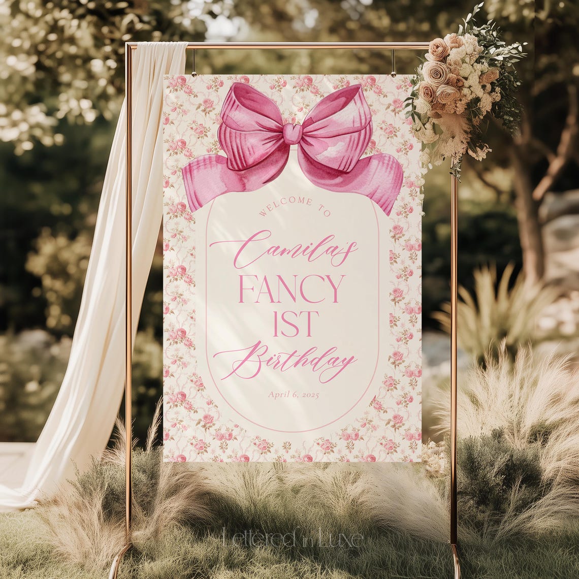 Fancy One Birthday Welcome Sign Digital | Floral Pink Bow Birthday ...