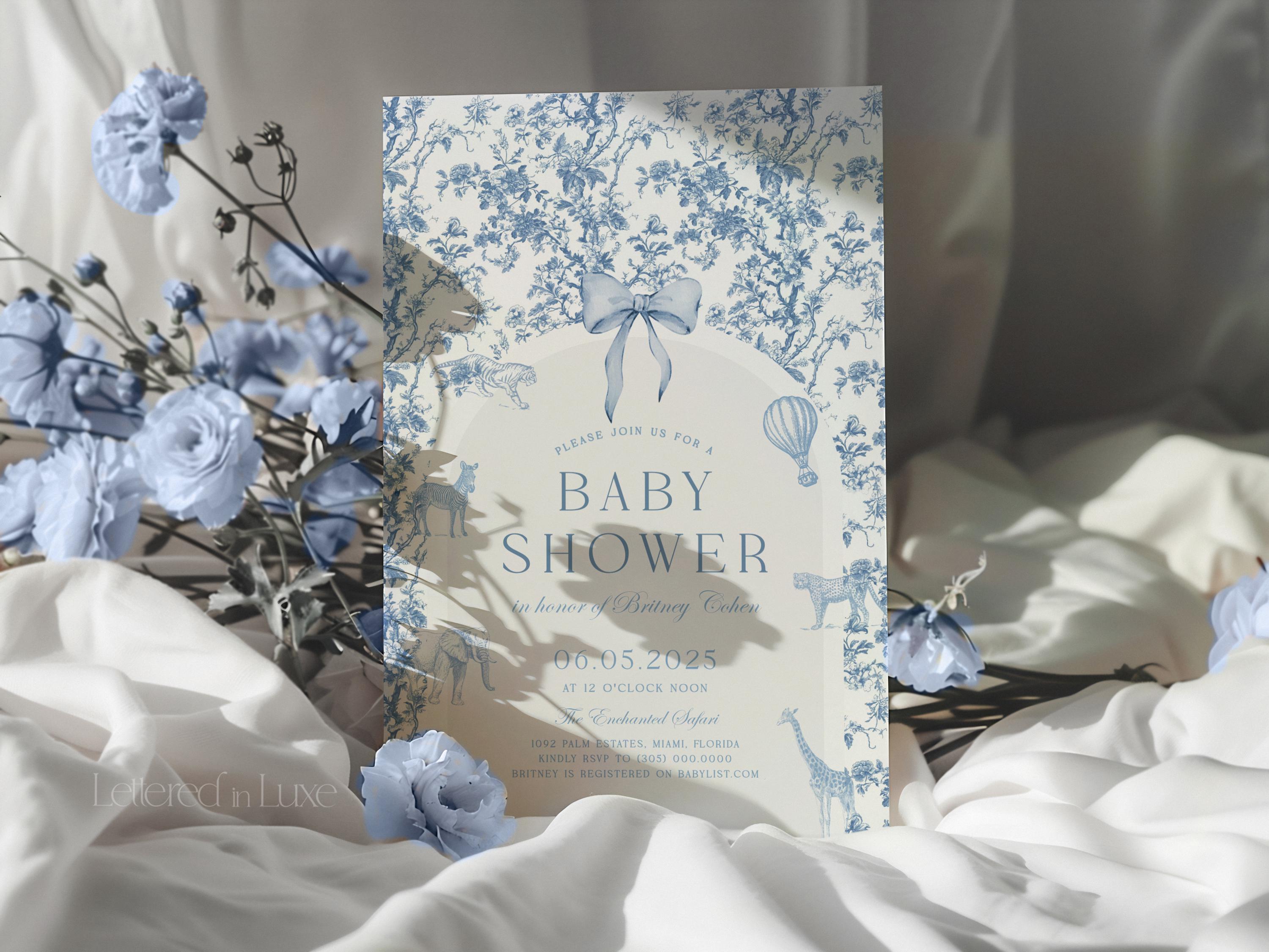Safari Toile Baby Shower Invitation Digital | Blue Toile De Jouy ...
