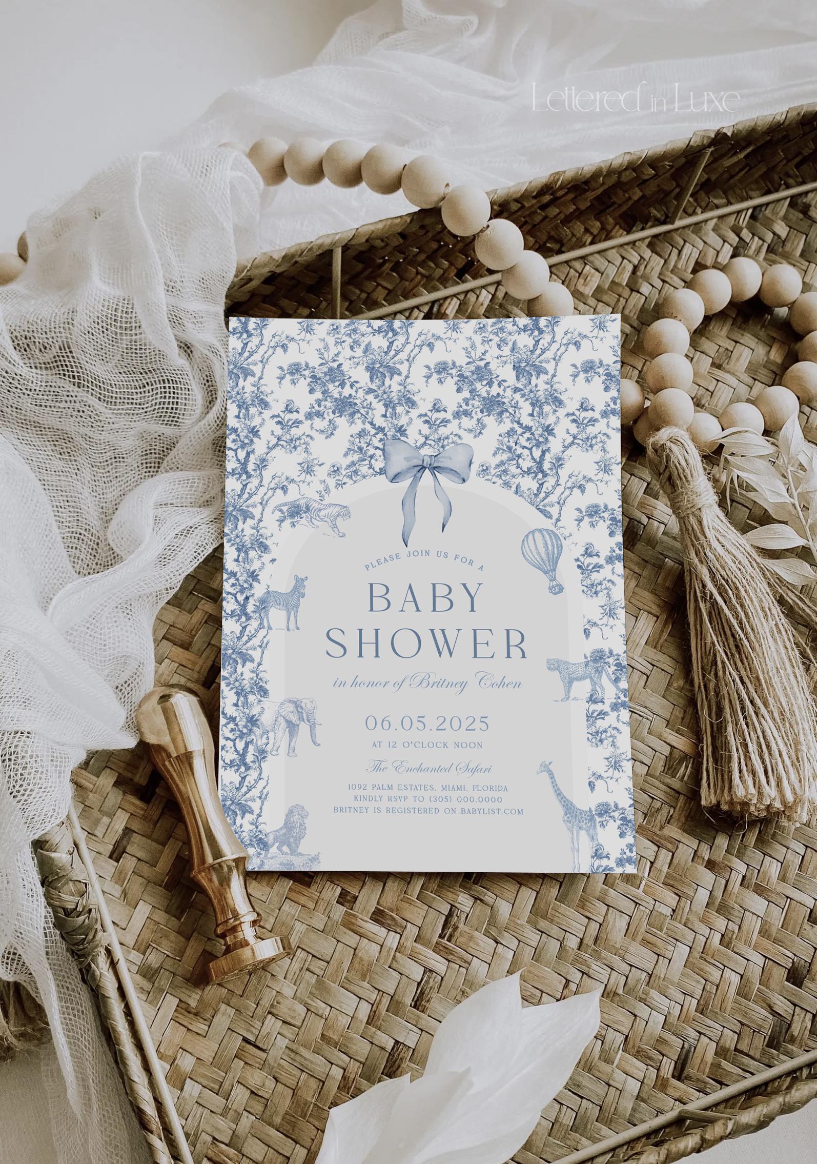Safari Toile Baby Shower Invitation Digital | Blue Toile De Jouy ...