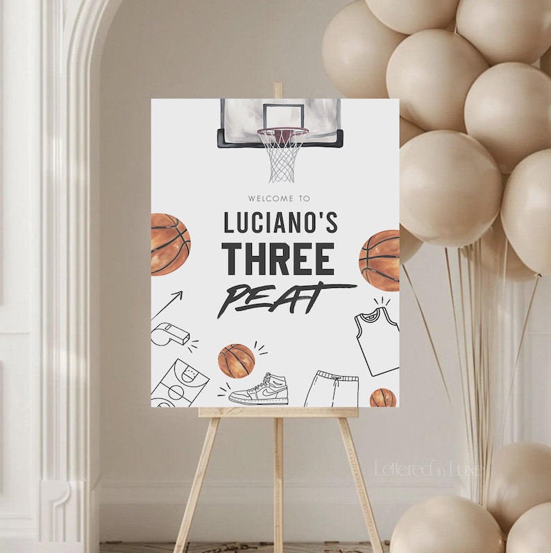 Basketball 3rd Birthday Welcome Sign Digital | Three-peat Poster | Boys ...