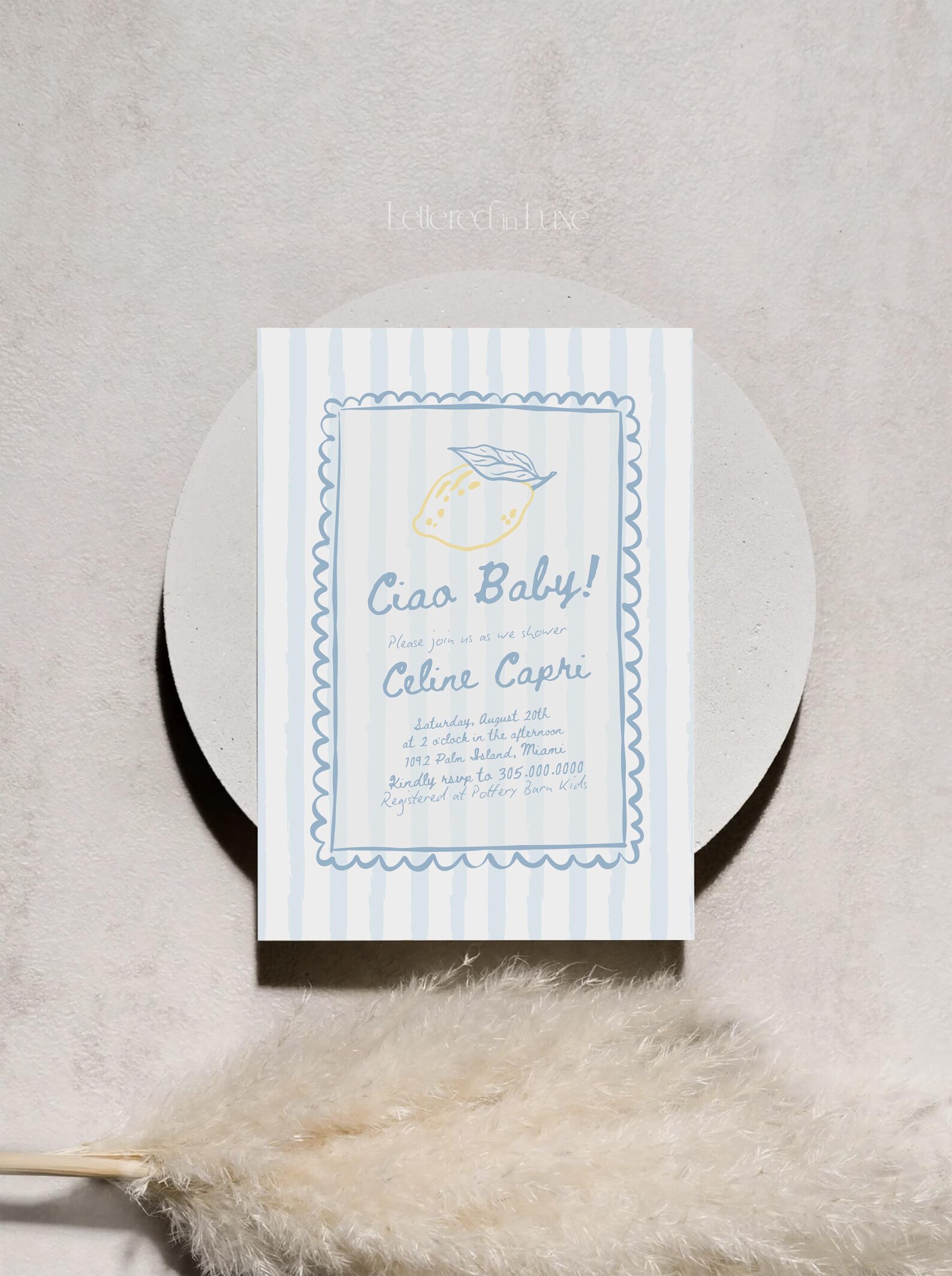 Ciao Baby Invitation | Lemon Baby Shower Invite Digital | Blue Striped ...