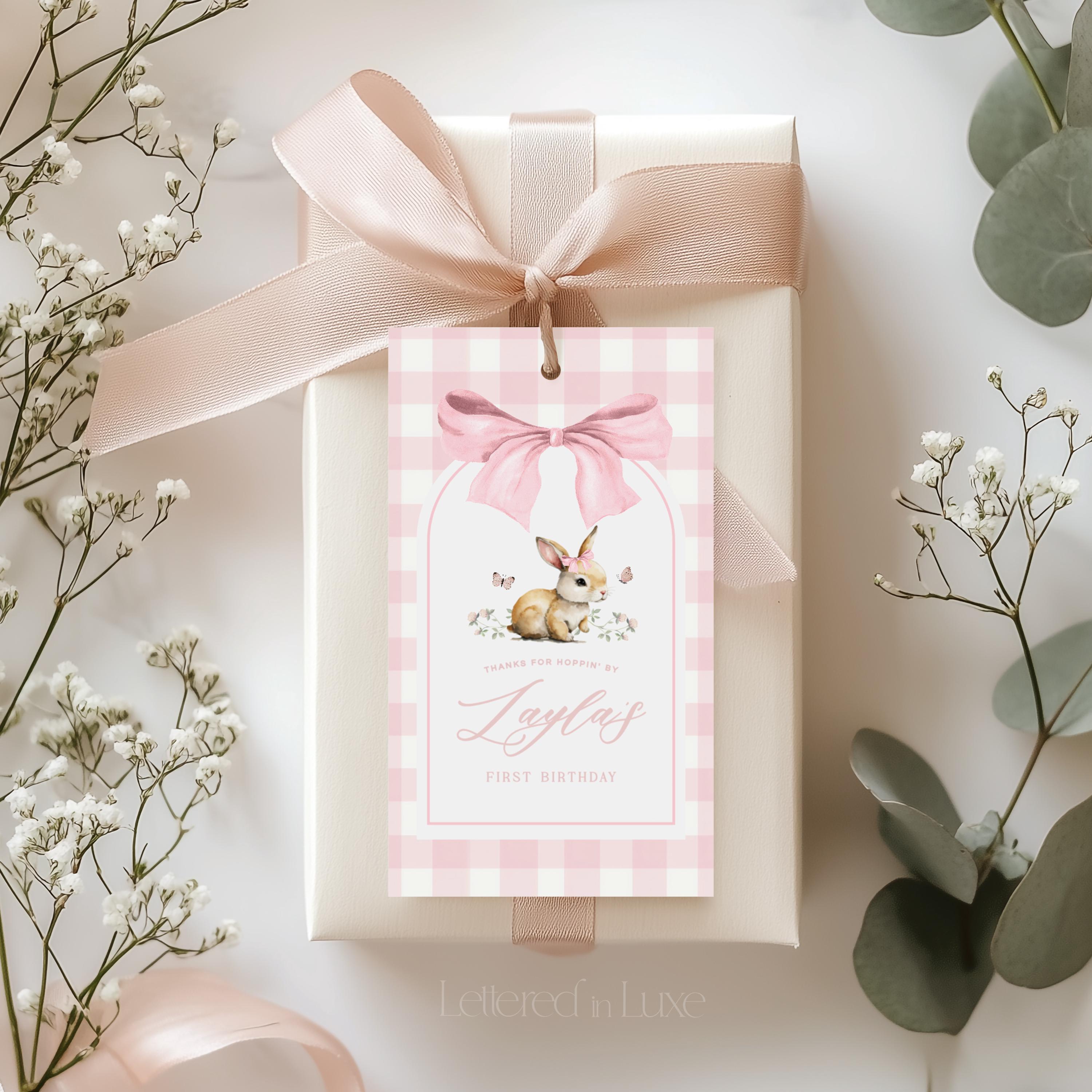 Some Bunny is One Favor Tag Digital | Plaid Pink Bunny 1st Birthday ...