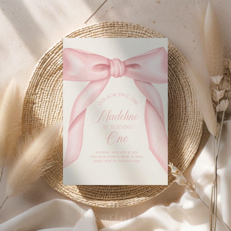 Editable Pink Bow Birthday Invitation, 1st Birthday, First Birthday ...