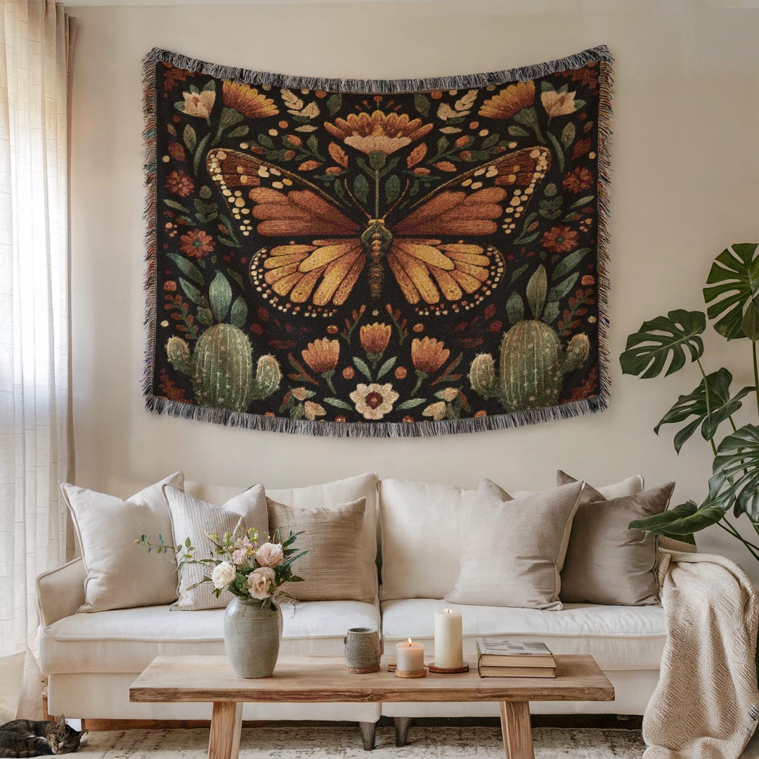 Folklorico Monarch Butterfly Tapestry Woven Blanket | Colorful Mexican ...