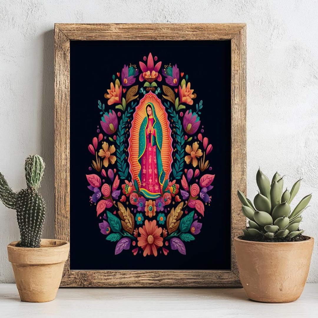 Guadalupe Colorful Mexican Virgen Art Print – Colorful Virgin Mary Folk ...
