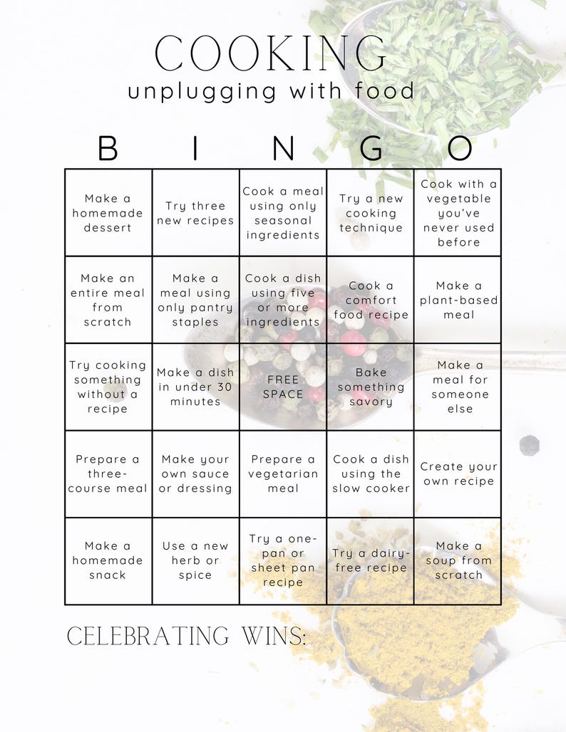 Wellness Bingo Printable Cooking, Self-care, Gratitude, Mindfulness & Healthy Habits Bingo ...