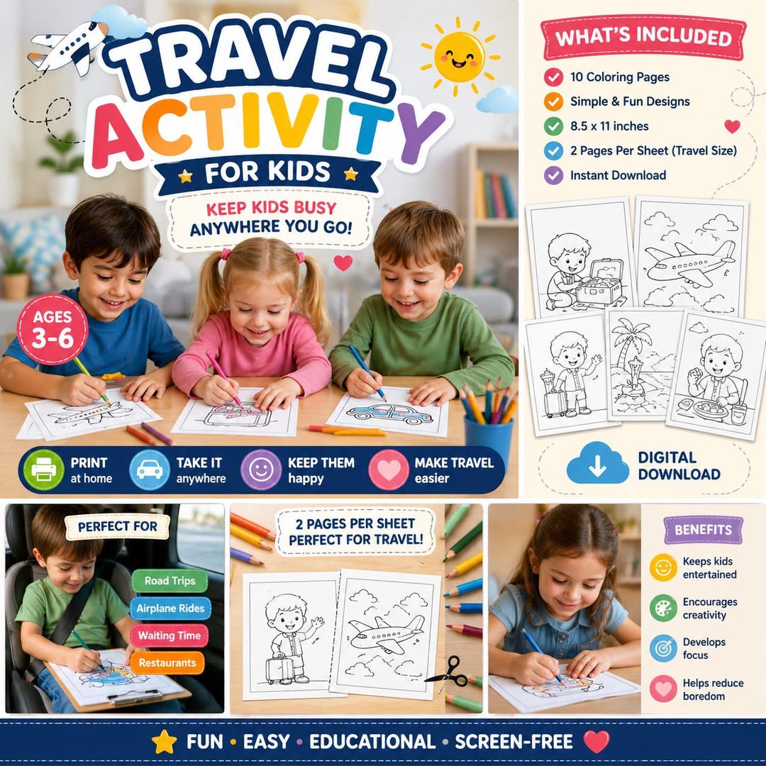 Kids Travel Coloring Book | Road Trip Activity Pages Ages 3-6 (digital ...