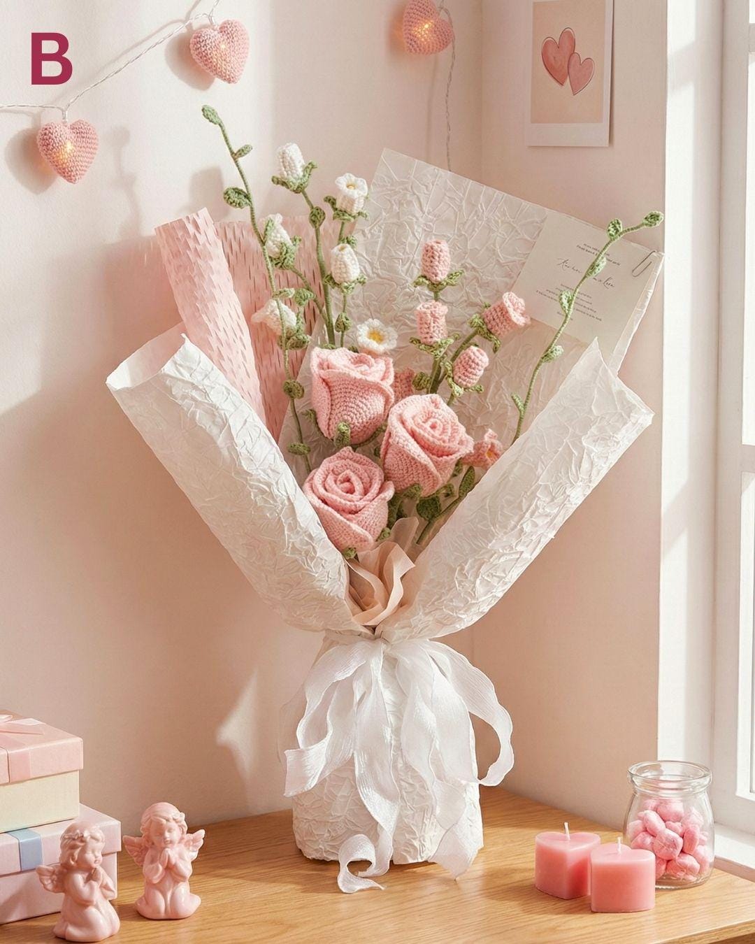 Valentine’s Day Pink Crochet Rose Bouquet, Romantic Handmade Flower for ...