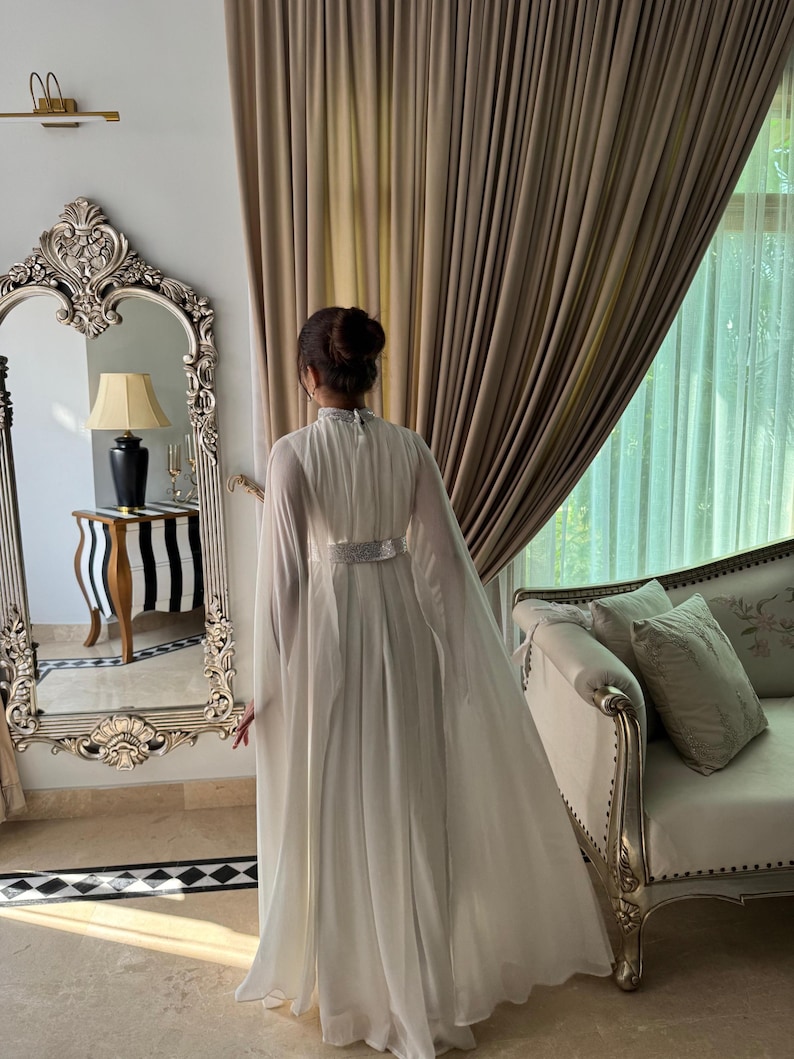 White Chiffon Kaftan Dress: Elegant Cape Sleeve Bridal Gown - Etsy