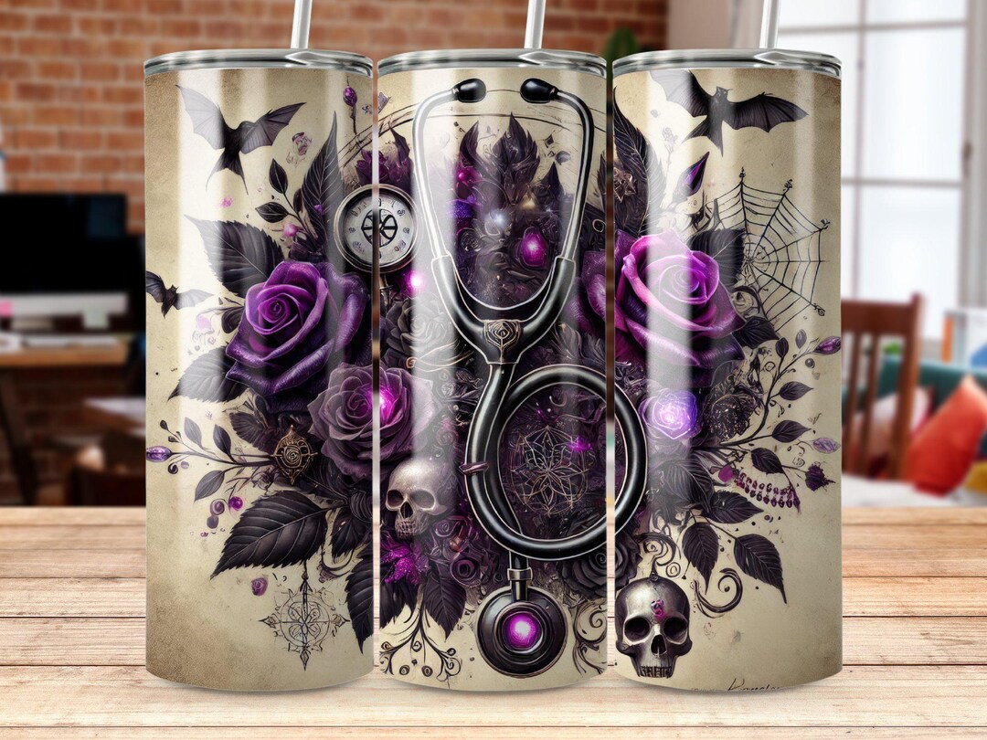 Gothic Medical Stethoscope Digital Tumbler Wrap, Dark Floral Skulls ...