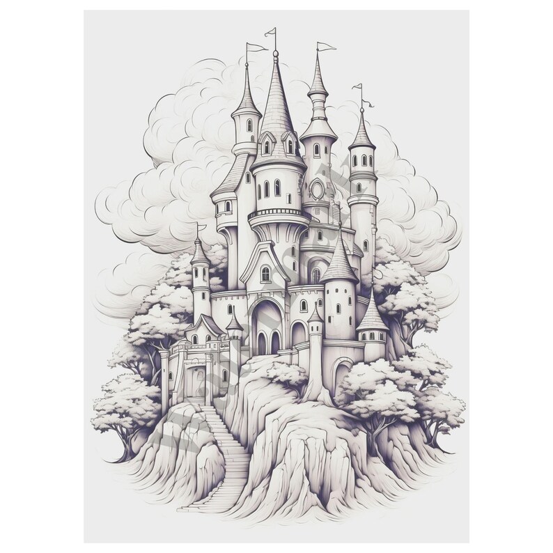 Stone Age Inspired Castle Colouring Page Digital Print, Roman Empire ...