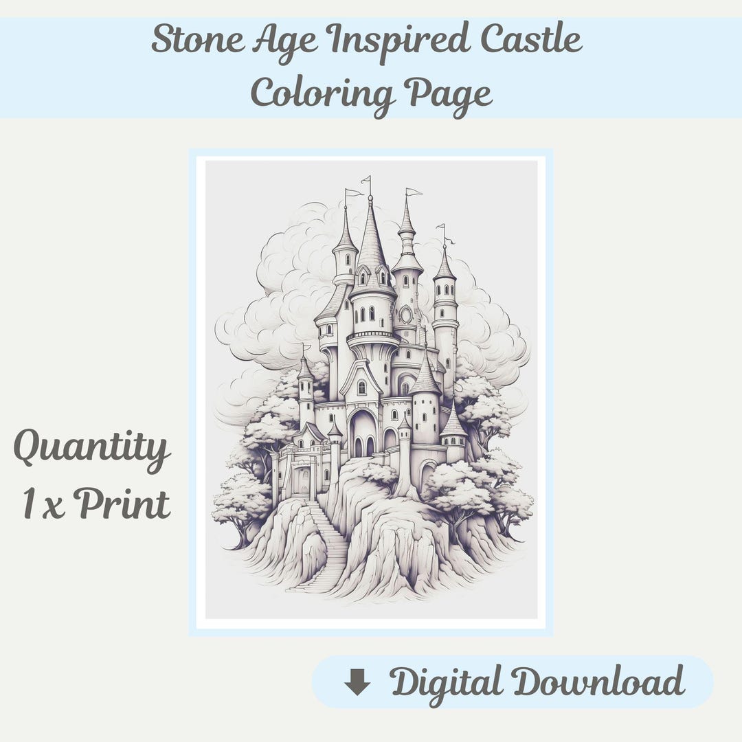 Stone Age Inspired Castle Colouring Page Digital Print, Roman Empire ...