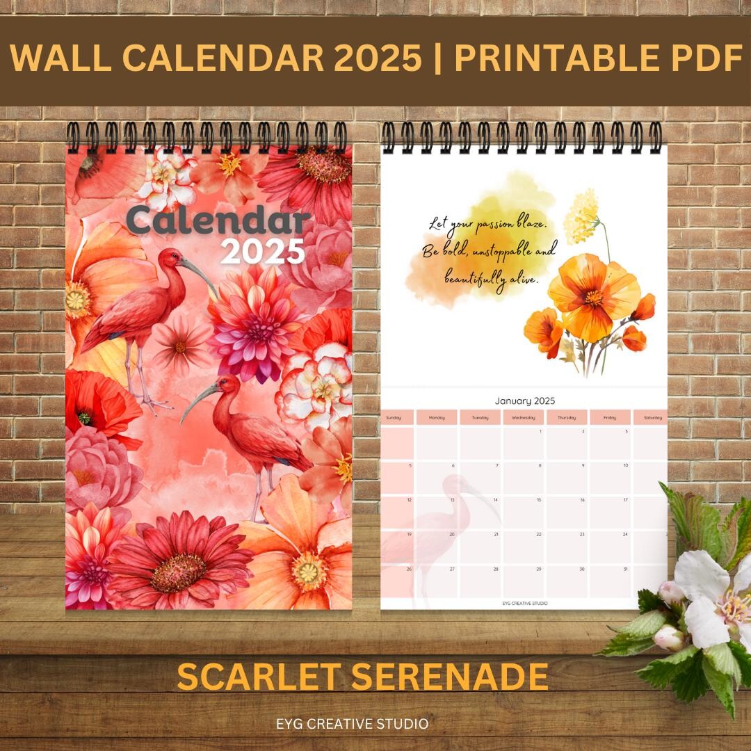 Scarlet Serenade Printable Digital Wall Calendar 2025 Includes ...