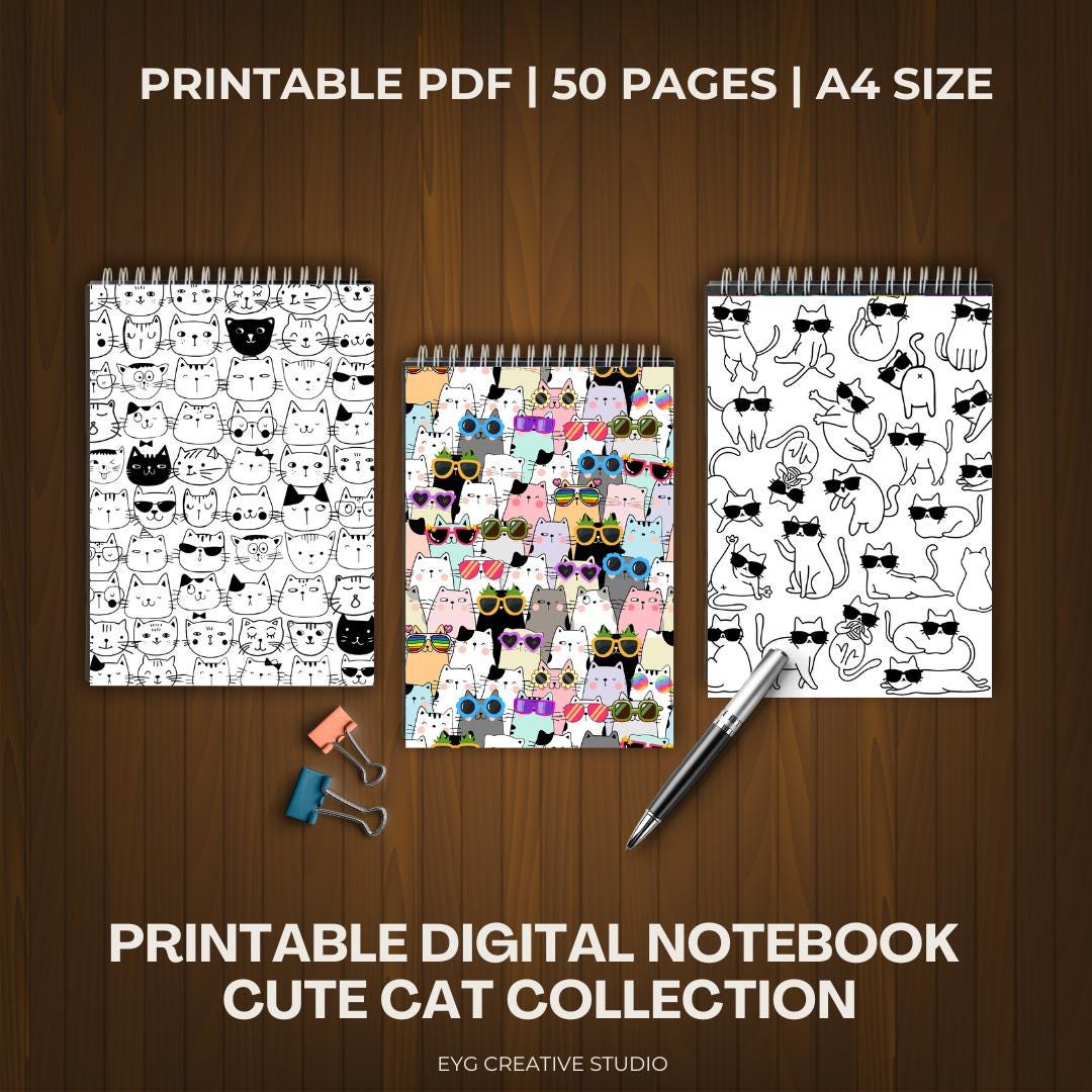 A4 Cute Cat Digital Printable Notebook Bundle (cat Sketches, Funky Cats ...