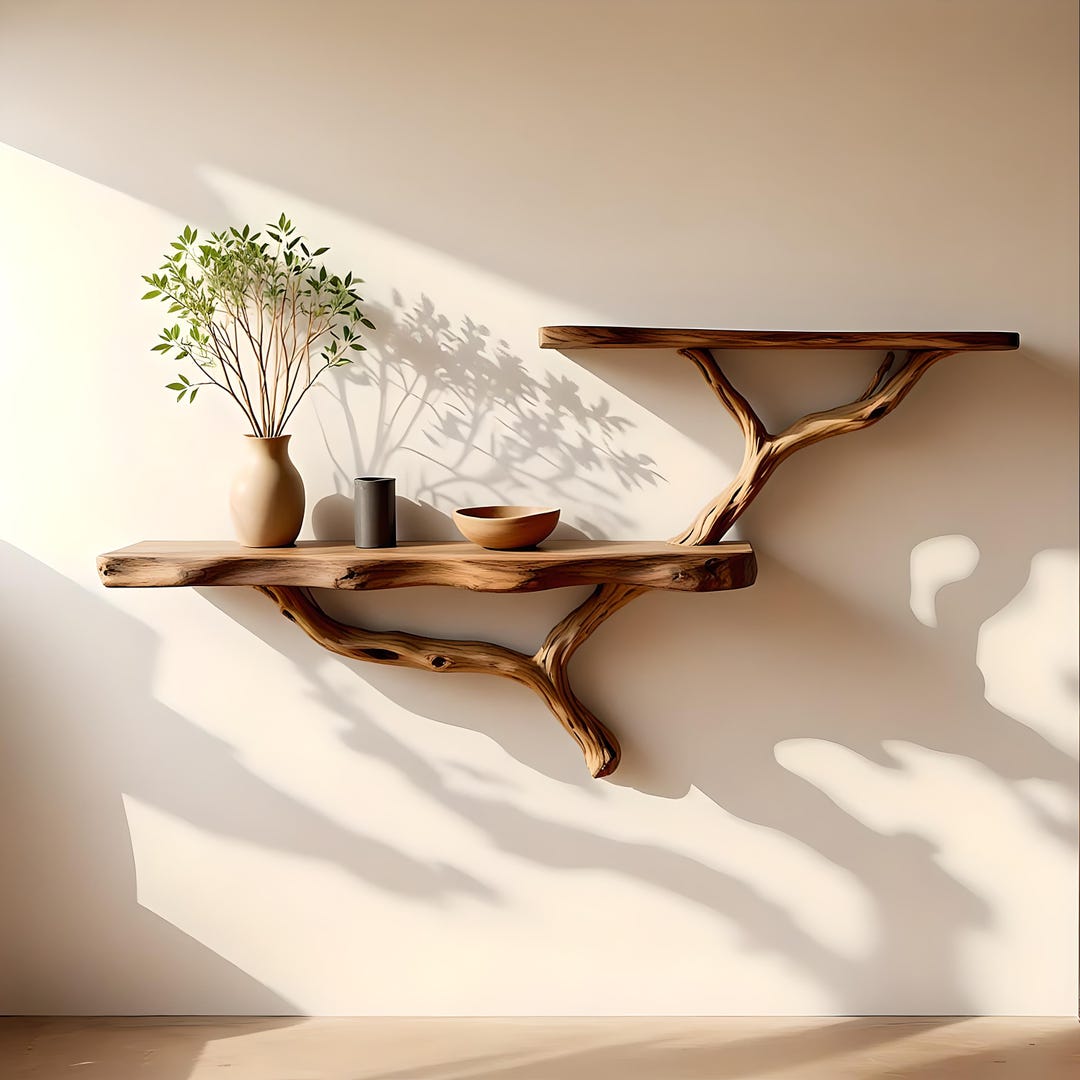 Handmade Rustic Narrow Console Table, Tree-inspired Wall-mounted Bookcase, Mid-century Bookshelf ...