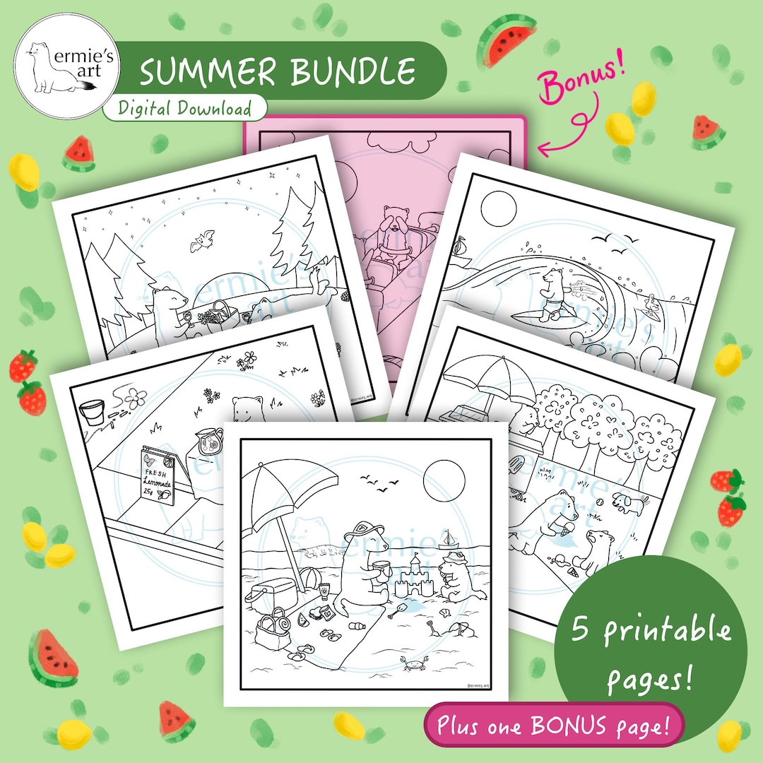 Fun Summer Coloring Pages - Digital Download Bundle | Cute Animals and ...