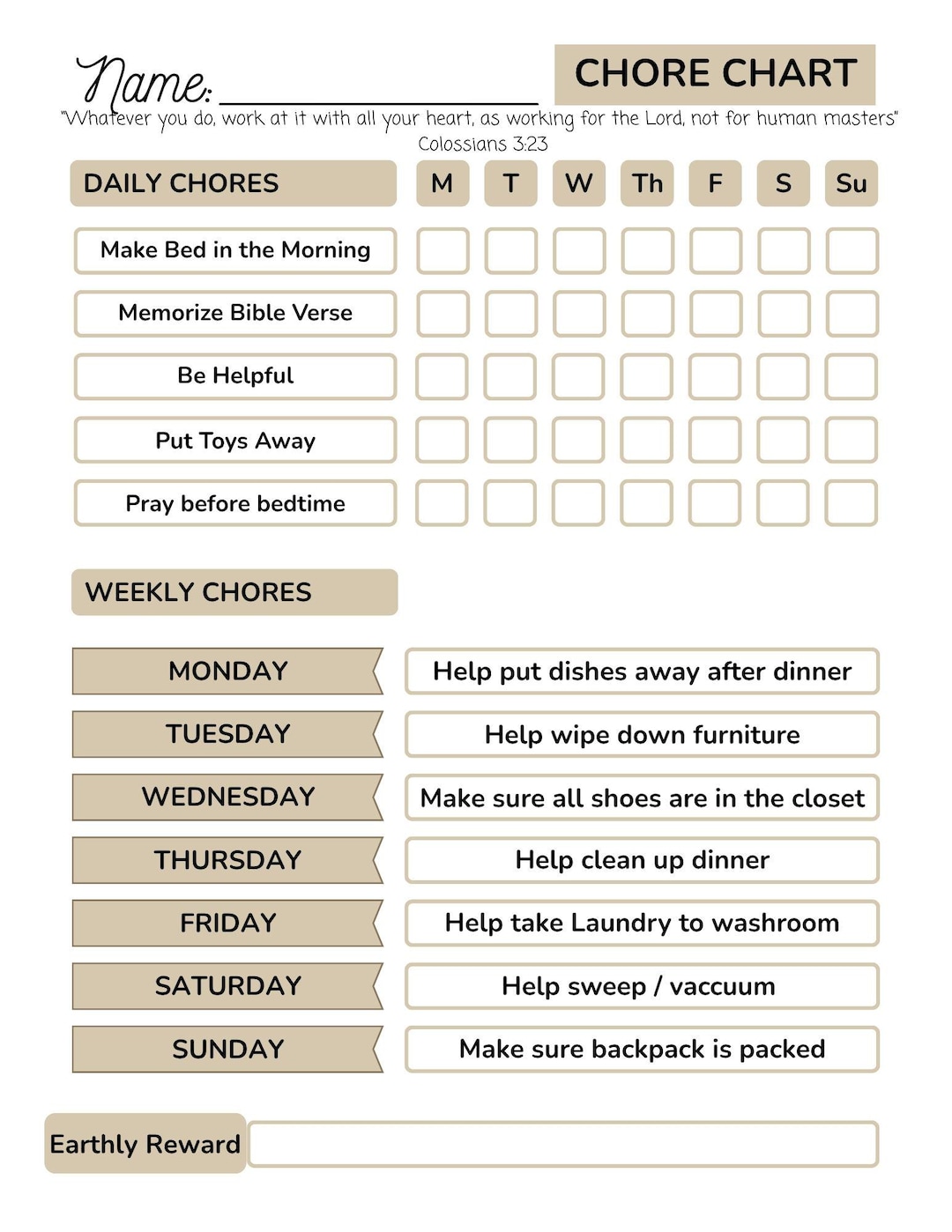 Christian Kids Chore Chart: Editable, Faith-based Responsibility ...