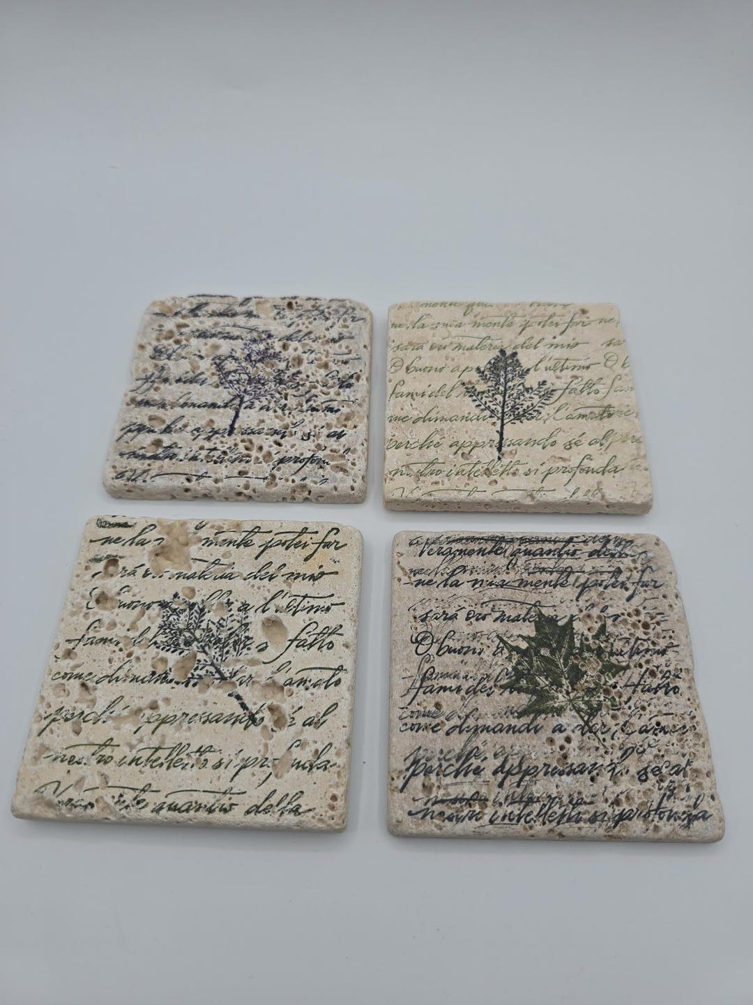 Set of 4 Vintage Style Botanical Natural Stone Coasters With Script ...