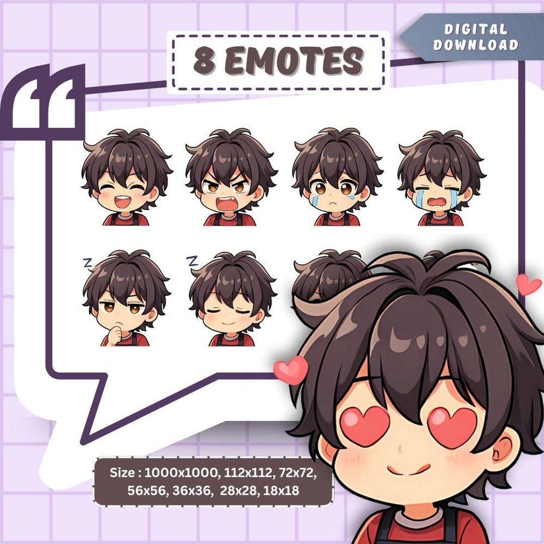Chibi Anime Boy Twitch Emotes | Brown Hair Orange Eyes Male Emotes ...