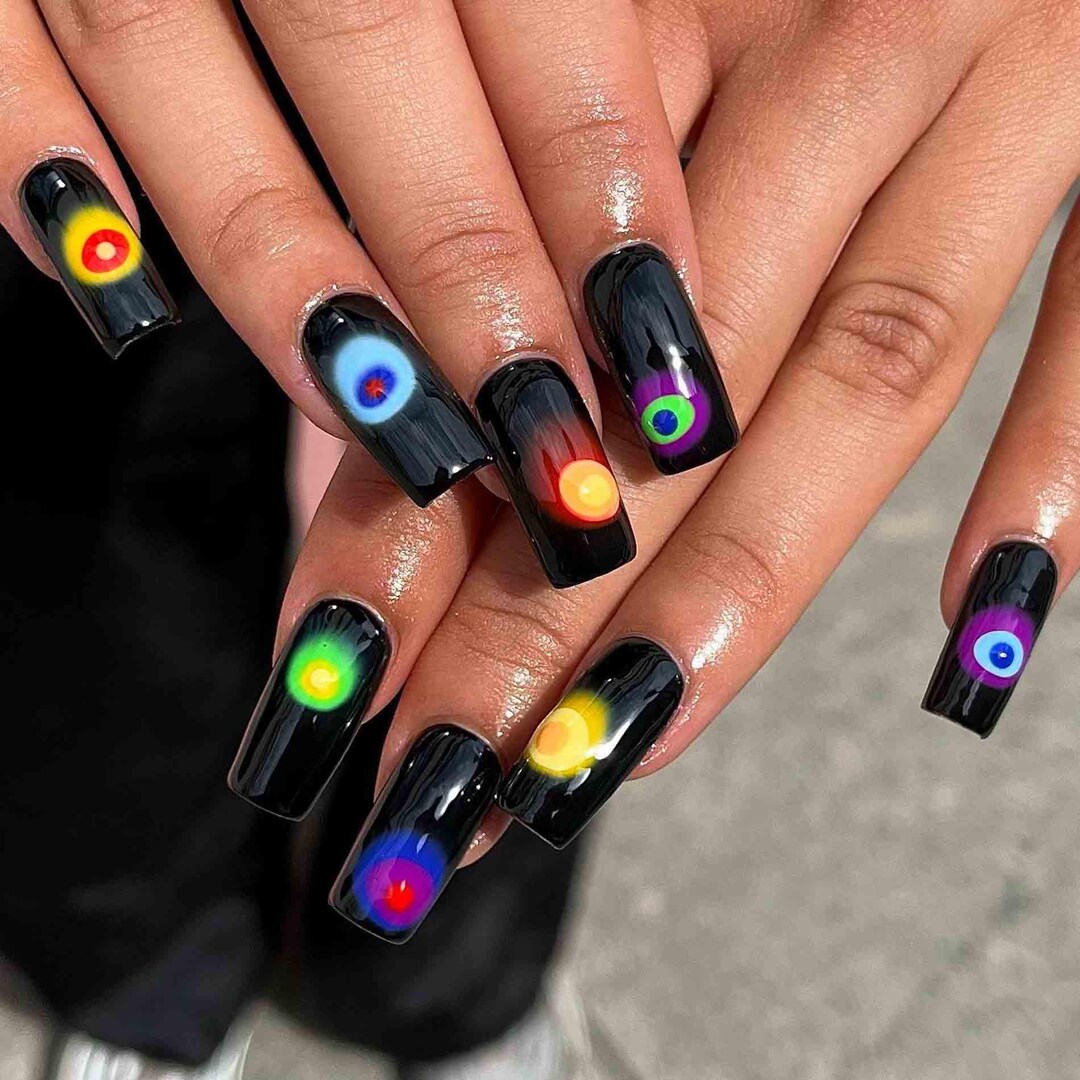 Handmade Cosmic Energy Press on Nails | Black Base With Rainbow Aura ...