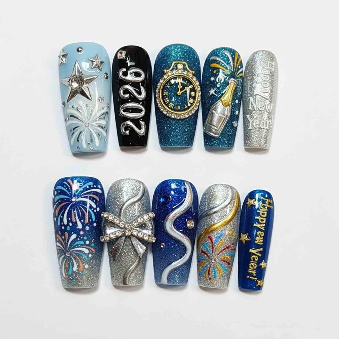 Handmade New Year Press on Nails | Fireworks, 2026 Clock & Champagne ...