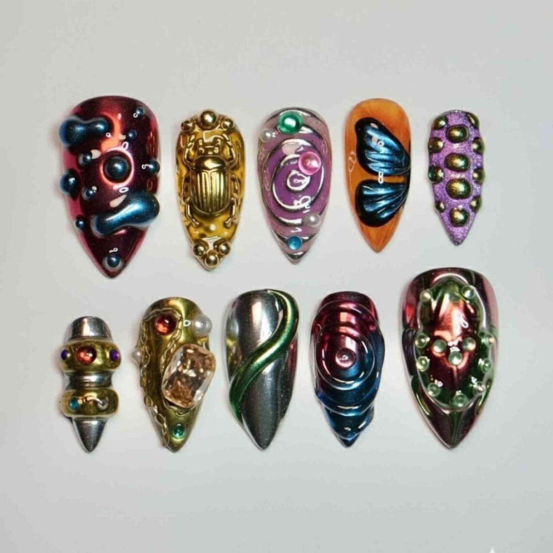 Handmade Beetle Galaxy Press on Nails | Metallic Orbs, Scarab 3D Art ...