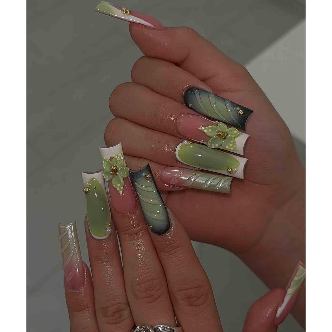 Handmade Green Pastel Press on Nails | 3D Flower Charms & Candy Swirl ...